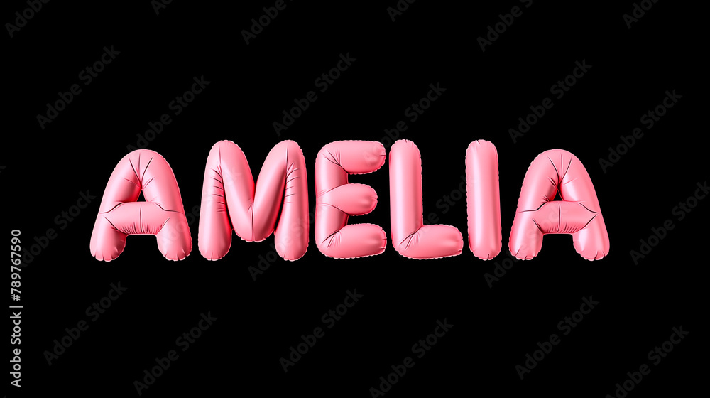 Name "AMELIA" written in capital glossy pink 3D inflated text, balloon ...