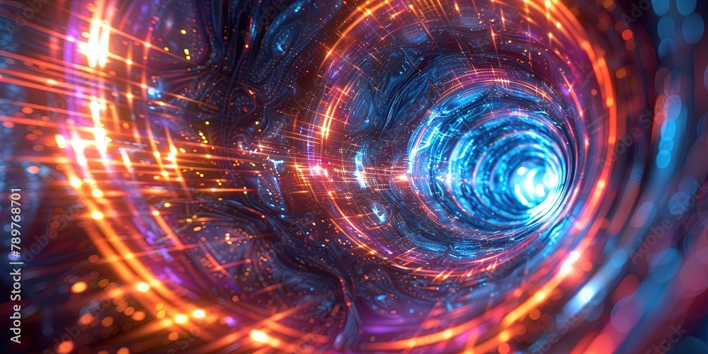 Color image of a warp tunnel in deep space. Matter particles spin in ...