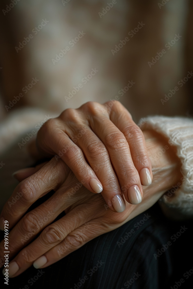 Senior woman, nails and hands with manicure for self care, spa day and ...