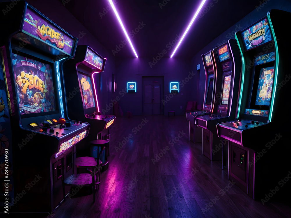 Arcade video games in an empty dark game room with purple light with a ...