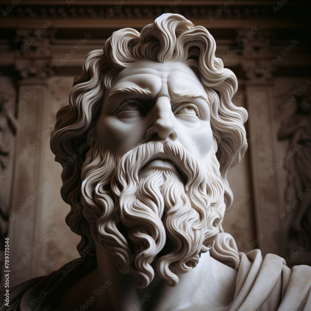 Handsome marble statue of powerful greek god Zeus over dark background ...