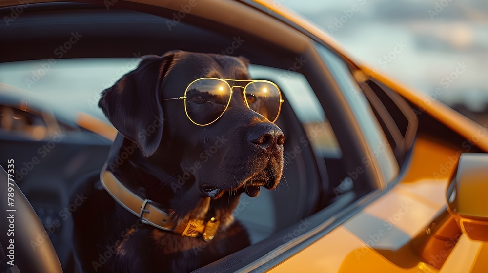 Rich cool dog sitting on leather seat of luxury model sports car ...