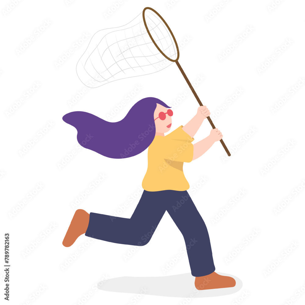 Vector illustration of little girl running holding insect net Stock ...