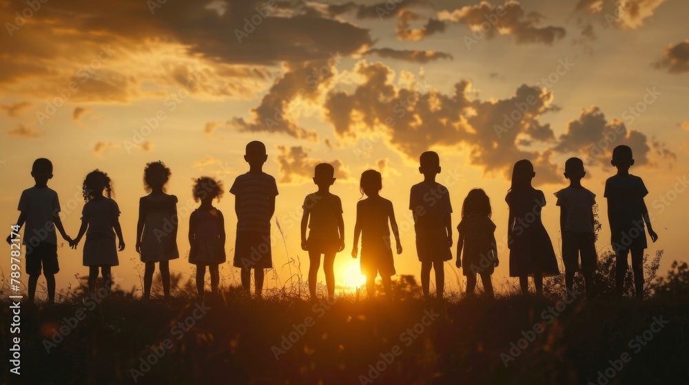 Silhouette back refugee kid group.Responsible.Kid child boy and girl ...