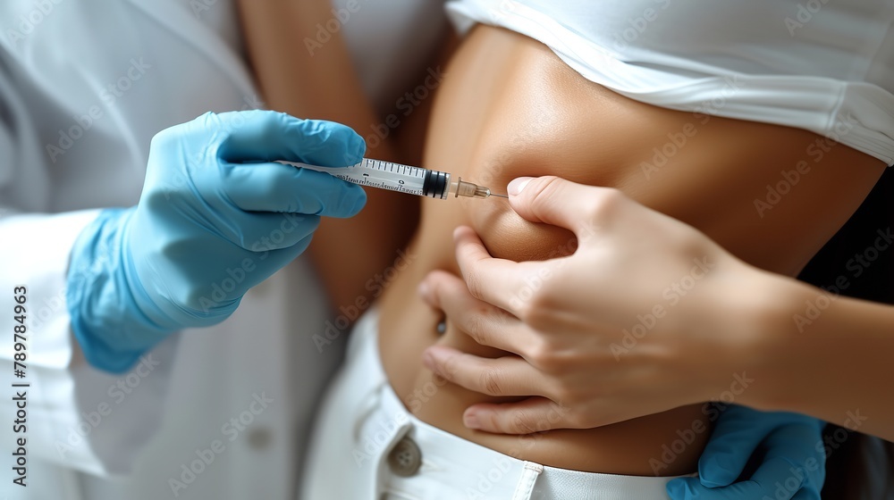 A close shot of a doctor applying fat dissolving injection to woman's ...