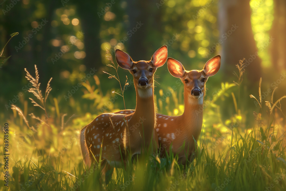 Two curious fawns emerge in a sun-dappled glade, their innocence ...