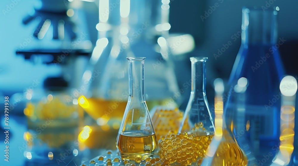 Biopharmaceuticals discovery process, closeup on new drug compounds and ...