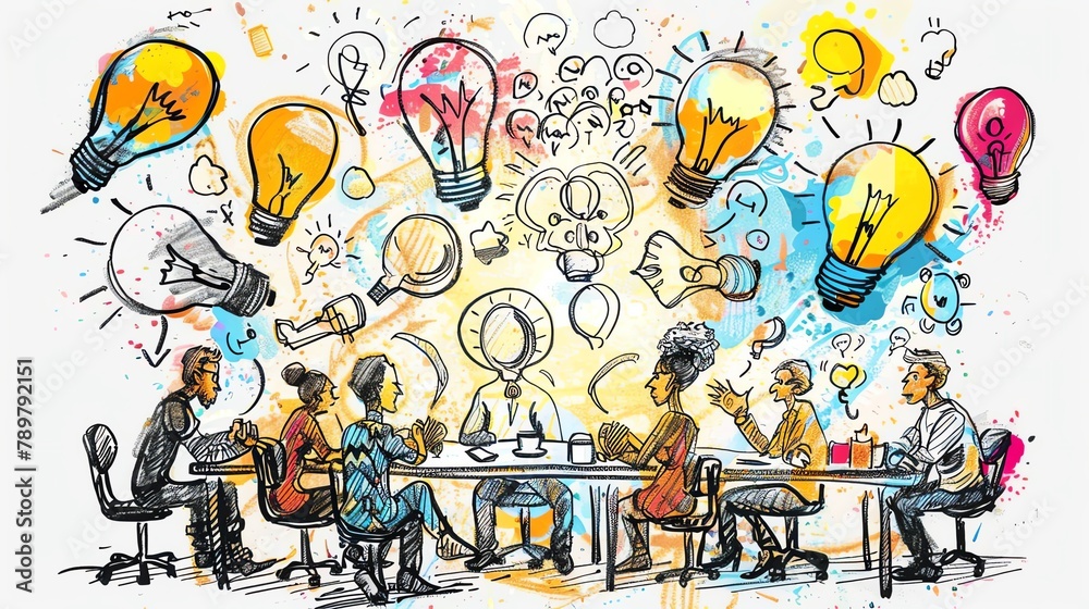 Brainstorming Session, A doodle of a team huddled around a cluttered ...