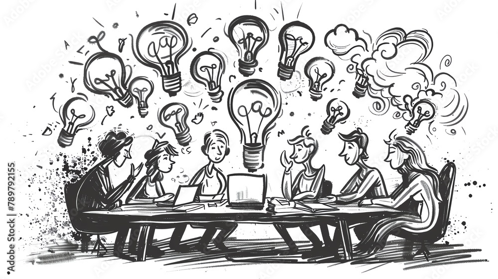 Brainstorming Session, A doodle of a team huddled around a cluttered ...