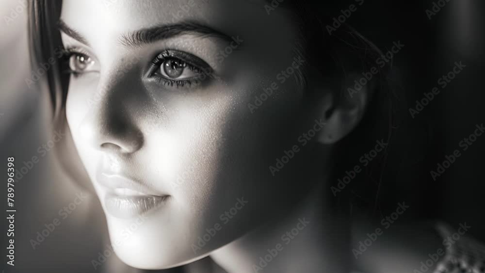 A wistful black and white portrait of a woman captures her in a quiet ...