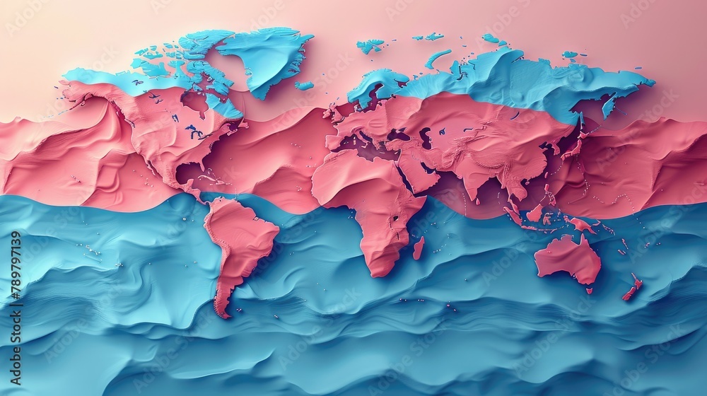 A creative 3D render of a world map with elevated land features in ...
