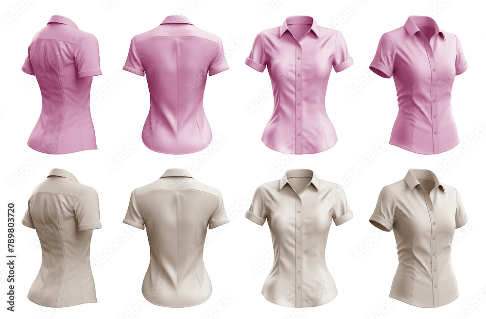 2 Set of woman pastel light pink beige button up short sleeve collar ...