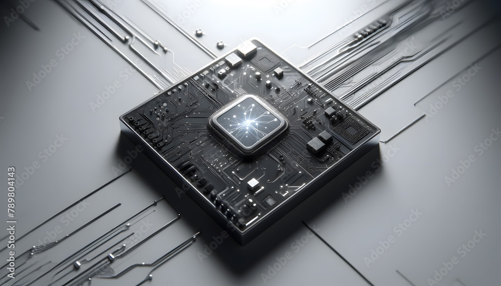 A CPU on a motherboard, elegantly highlighted with radiant neon light ...