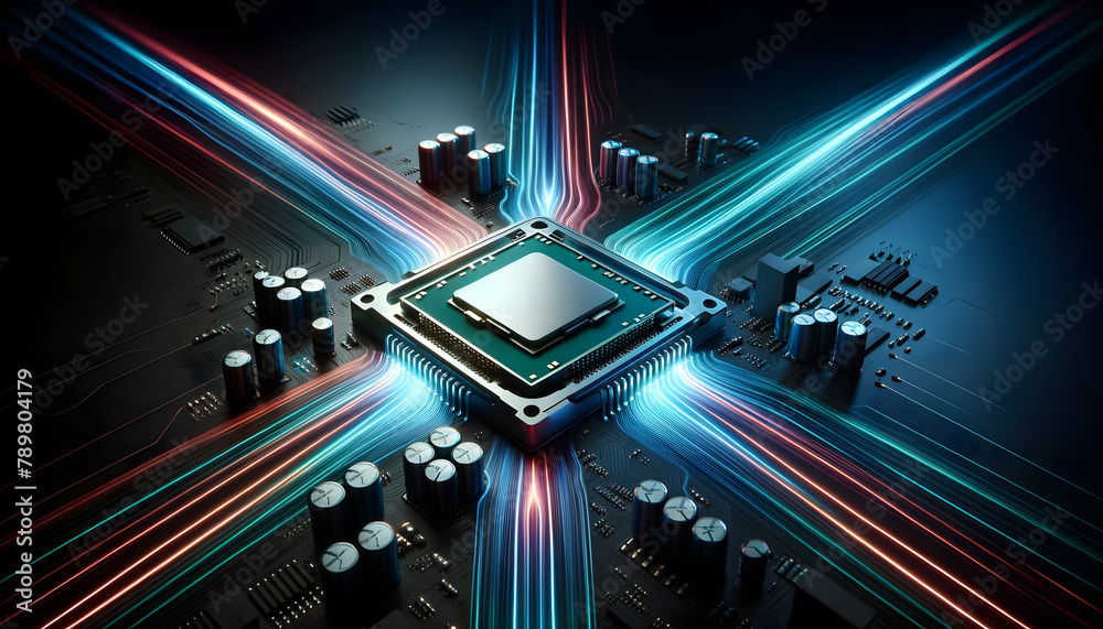 A CPU on a motherboard, elegantly highlighted with radiant neon light ...