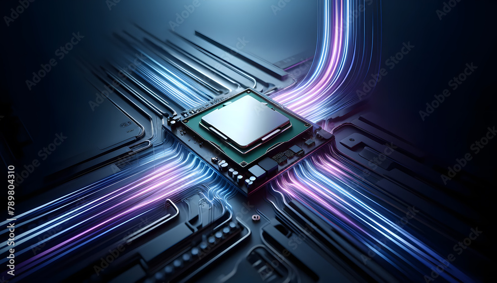 A CPU on a motherboard, elegantly highlighted with radiant neon light ...