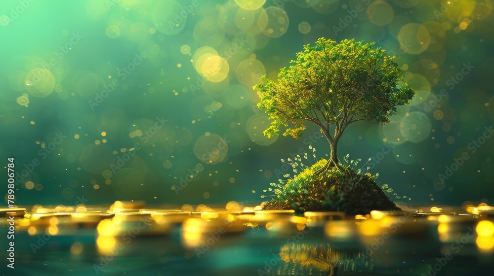 The image shows a tree growing on a small island made of golden coins ...