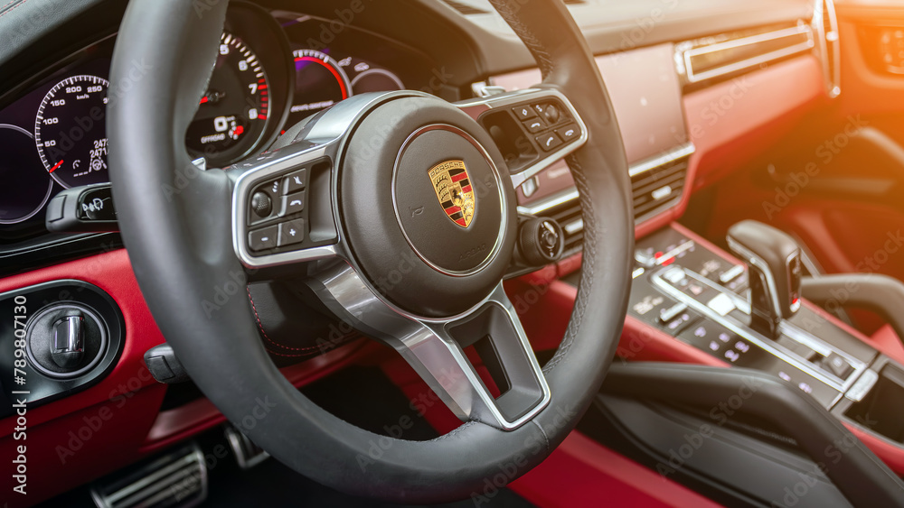 Novosibirsk, Russia - April 04 , 2024: white Porsche Cayenne, steering ...