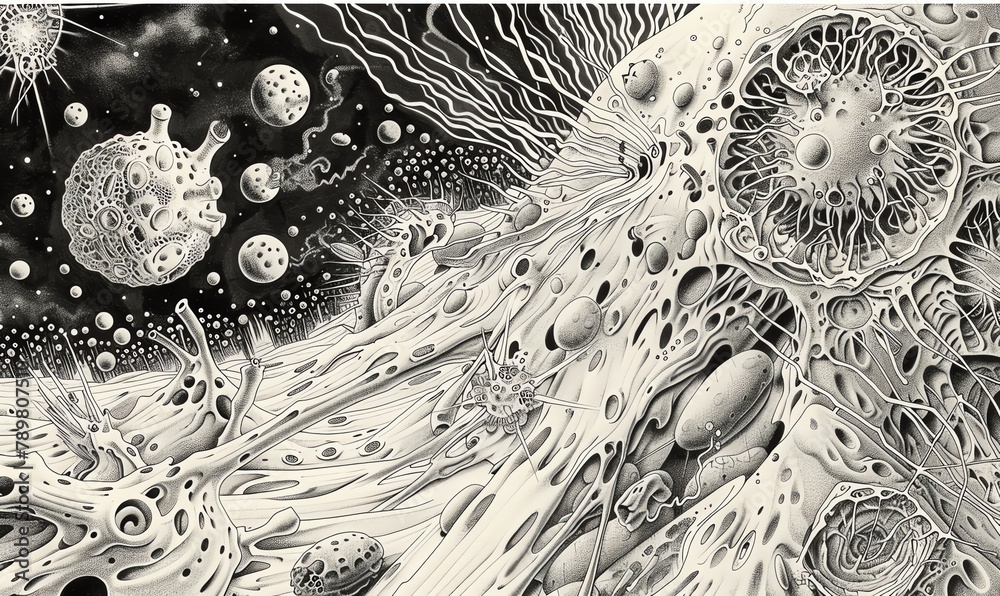 Illustrate the world of nanotechnology through a detailed pen and ink ...