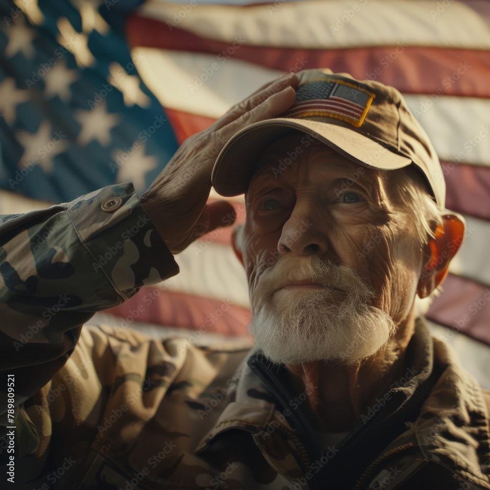An old man in a military cap saluting in front of an American flag ...