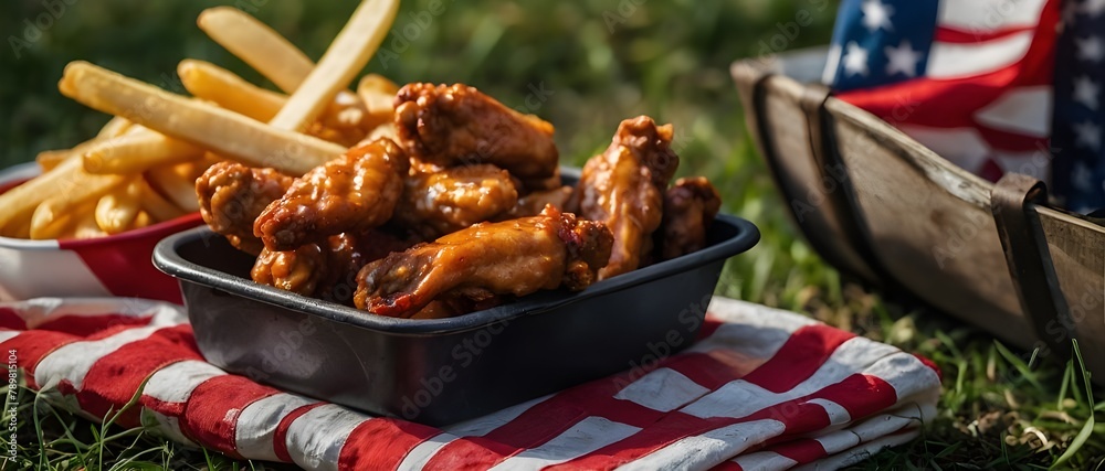 fried chicken with grilled beef food with American flags, labor day ...