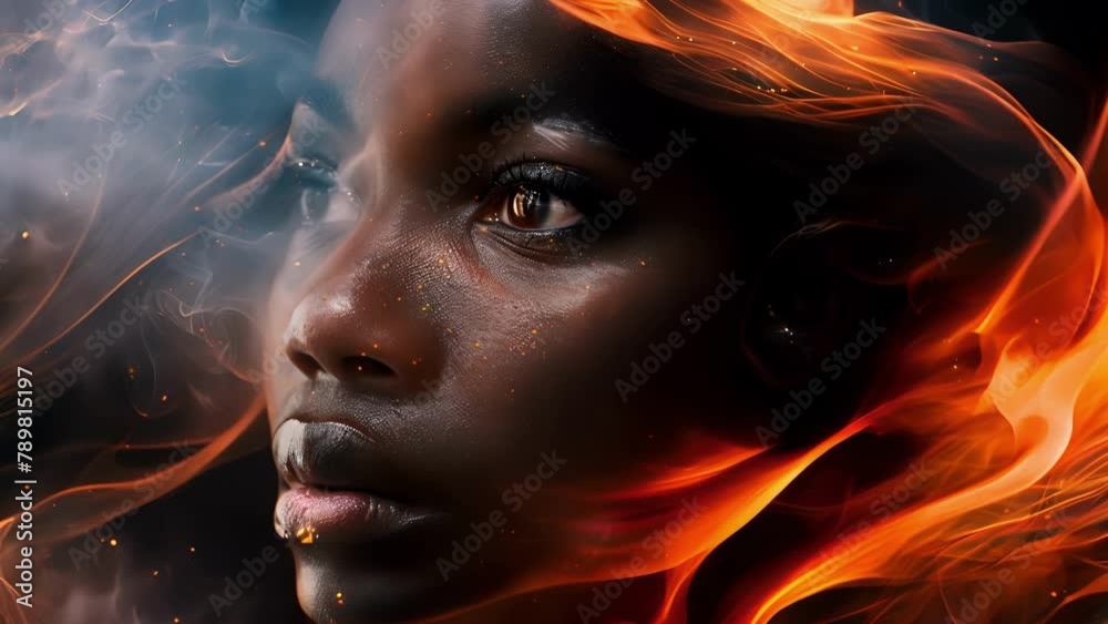 A striking black woman gazes into the distance her dark eyes reflecting ...