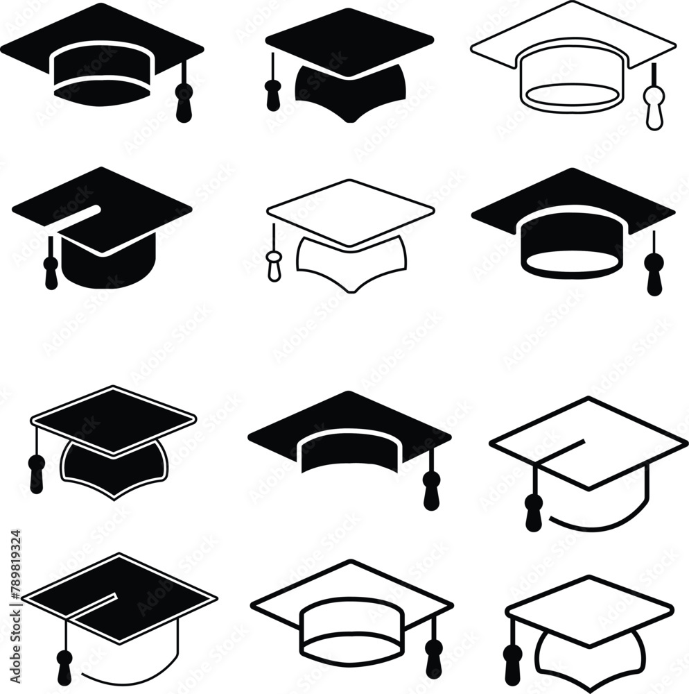 graduation cap flat icons set, university or college graduation hat ...