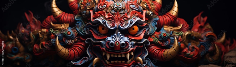Closeup of a handcrafted demon mask used in traditional ceremonies ...