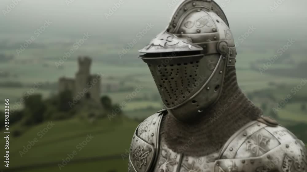 A stone statue of a medieval knight clad in intricate metal armor ...