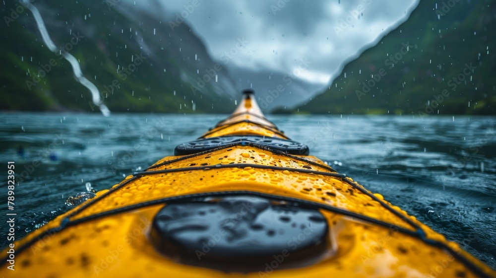 A yellow kayak faces forward on calm waters, surrounded by expanses of ...