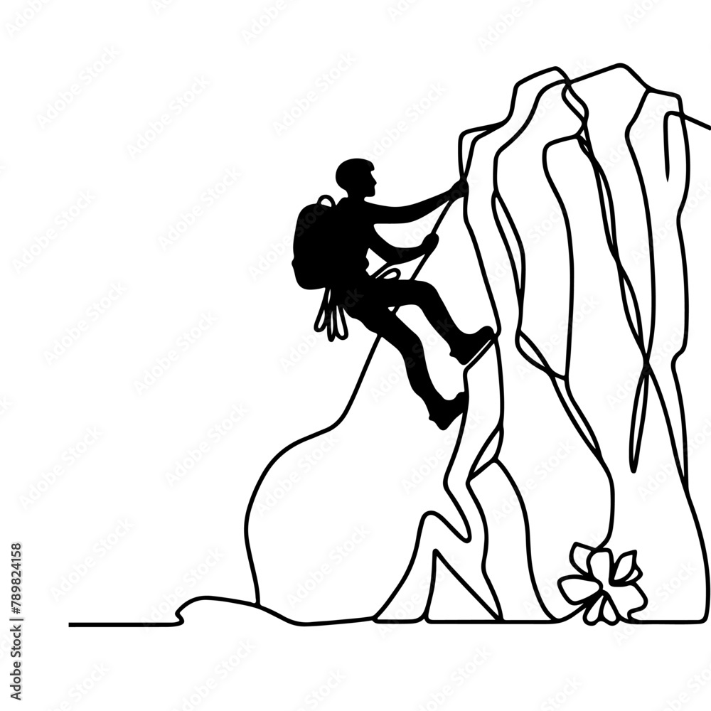 One continuous black line drawing of man rock Climbing a steep rocky ...