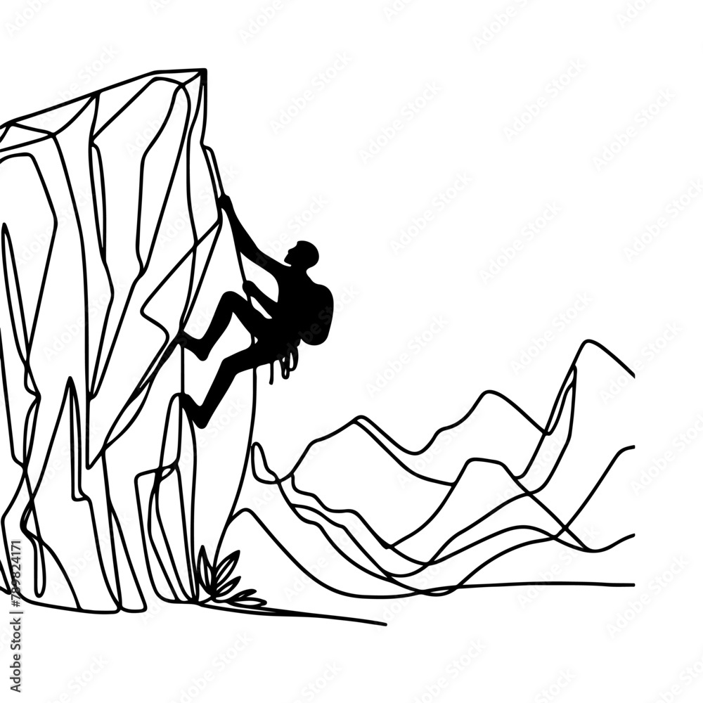 One continuous black line drawing of man rock Climbing a steep rocky ...