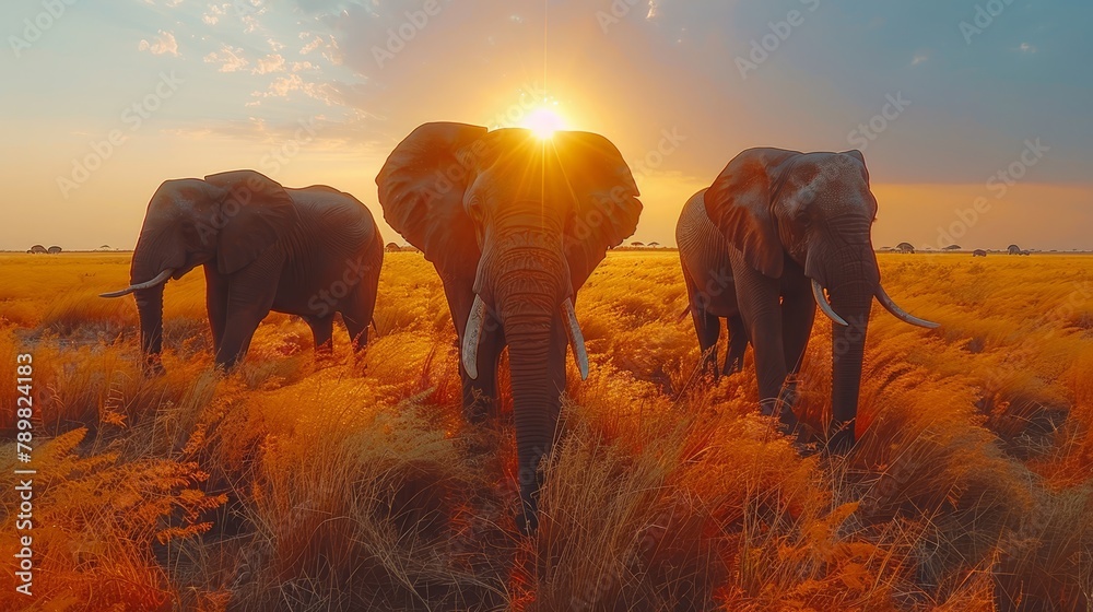Two elephants stand in a field as the sun sets, casting a warm glow on ...