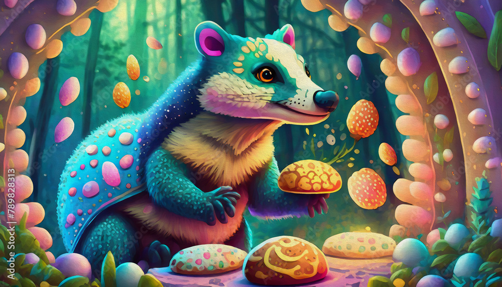 cartoon character illustration Multicolored badger baking bread in the ...