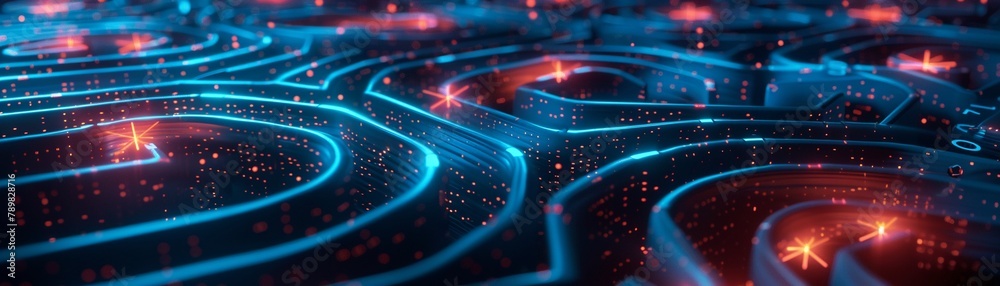 Hightech encryption visualized as a complex maze of glowing lines and nodes, symbolizing secure ...