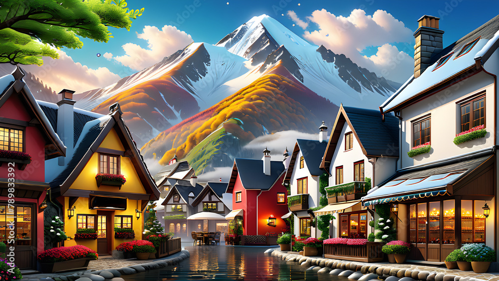 beautiful scenery,house,mountain,canal.Generative AI Stock Photo ...