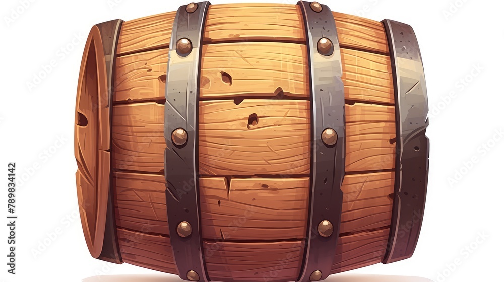 An illustration of a wooden barrel in 2d format set against a white ...