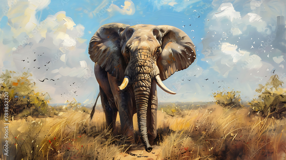 Oil painting wallpaper of elephants the symbol of power and power of ...