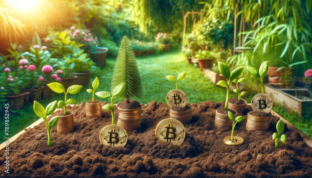Bitcoin coins growing like plants in a garden. 16:9 ratio. ideal for ...
