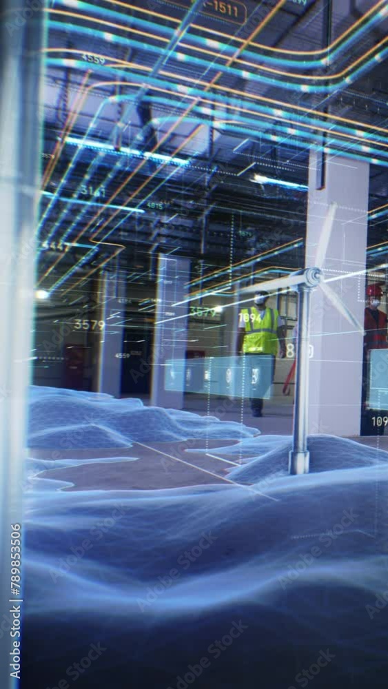 Diverse workers walks through electrical distribution station. 3D ...
