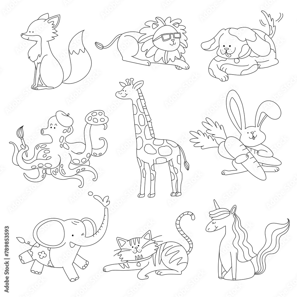 Animal png sticker, kids coloring set, printable transparent design for ...