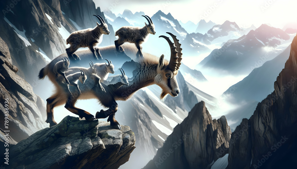 Alpine Affection: A Mountain Goat Family Navigates Steep Cliffs with ...