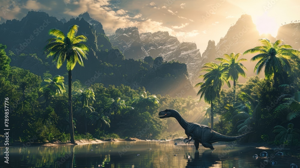 AI-generated majestic dinosaurs in a prehistoric landscape ...
