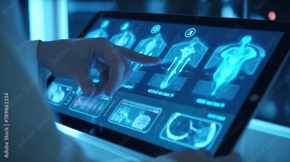 Medicine doctor touching electronic medical record on tablet. DNA ...