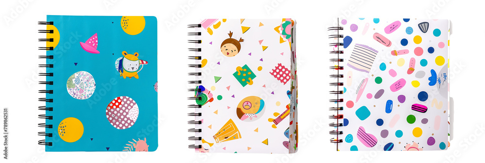 set of different school notebooks, one decorated with colorful patterns ...