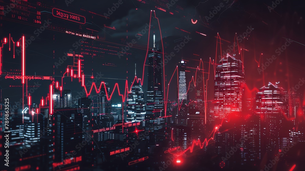A dystopian digital artwork depicts a stock market crash graph ...