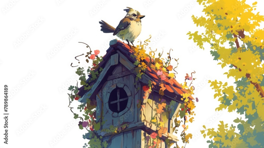 A charming cartoon illustration of a bird perched atop a birdhouse ...