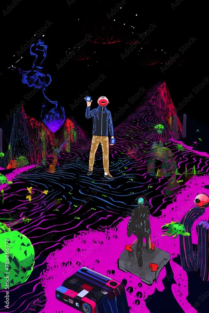 Immerse viewers in a pixelated jungle filled with floating masks and ...