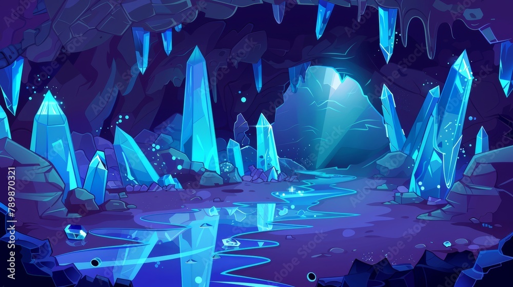 Dark cave with blue crystals. Modern illustration of a dark underground ...