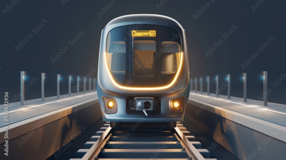 Metro or train, front view, with windshield and illumination. City ...