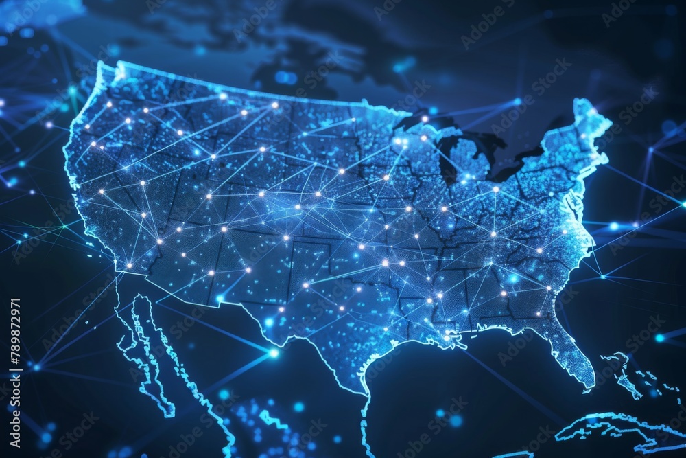 Digital Map of USA with Network Connection created with generative AI ...